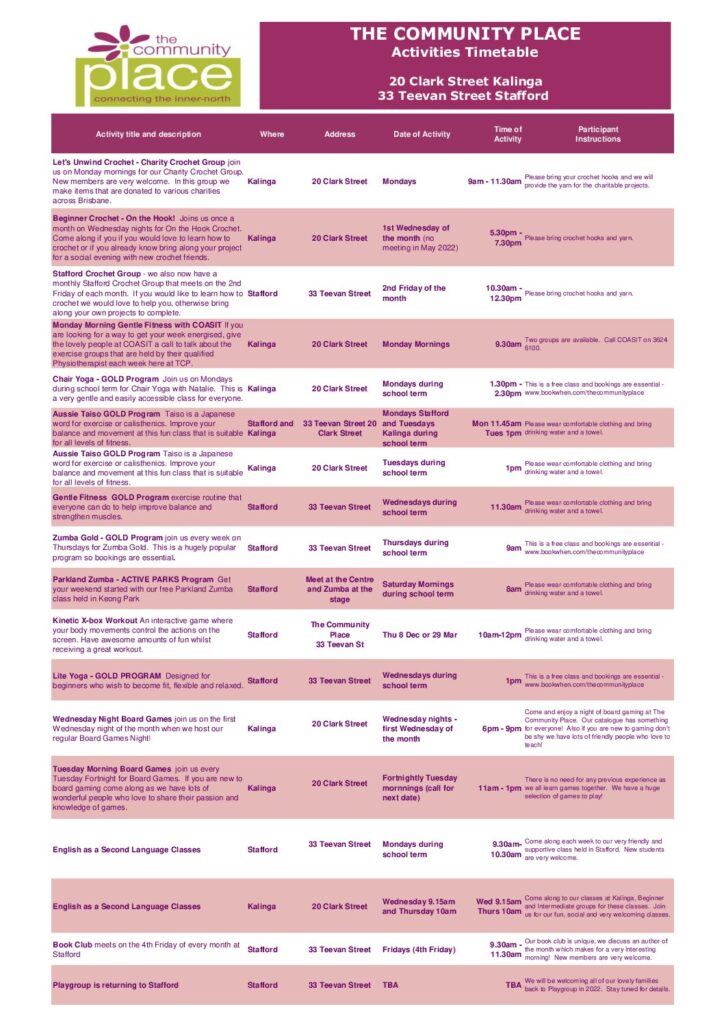 timetable - The Community Place